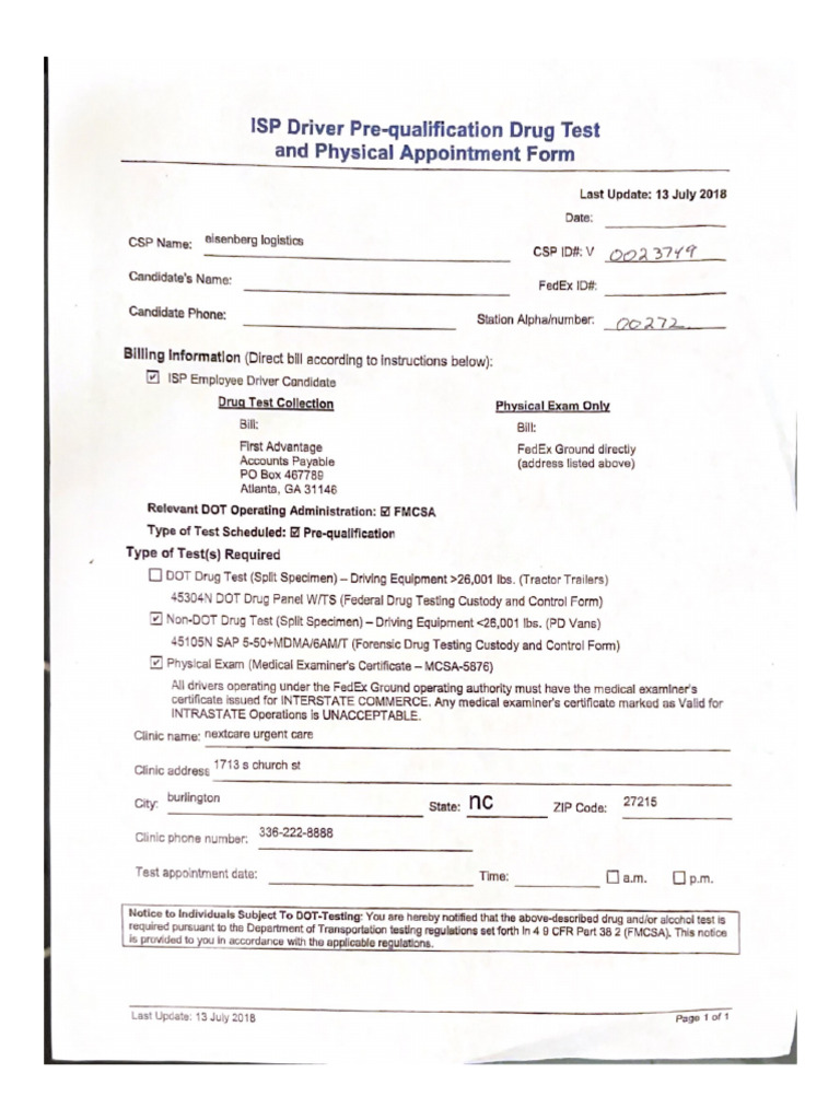 ISP Driver Pre-Qualification Drug Test | PDF
