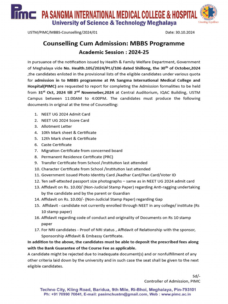 MBBS Admission Counselling 2024-25 Details | PDF | Government And ...