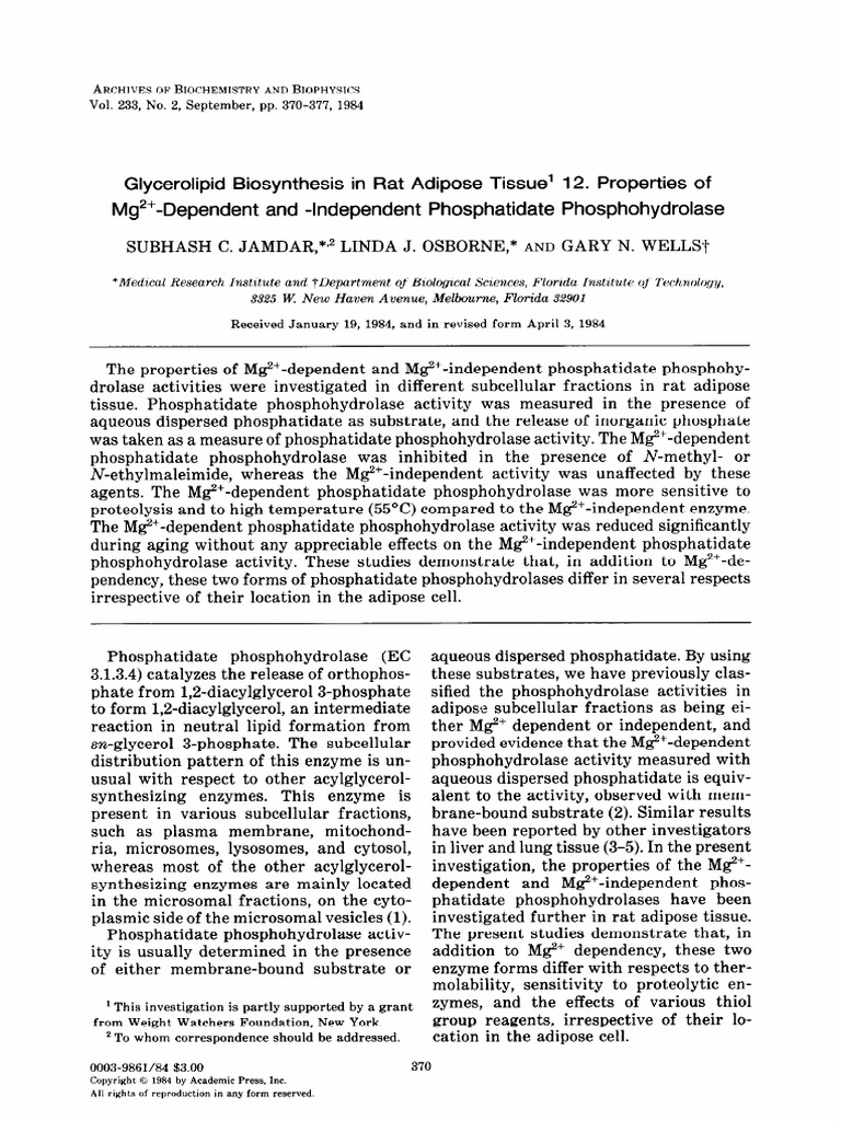 Glycerolipid Biosynthesis in Rat Adipose Tissue 12. Properties of Mg2 ...