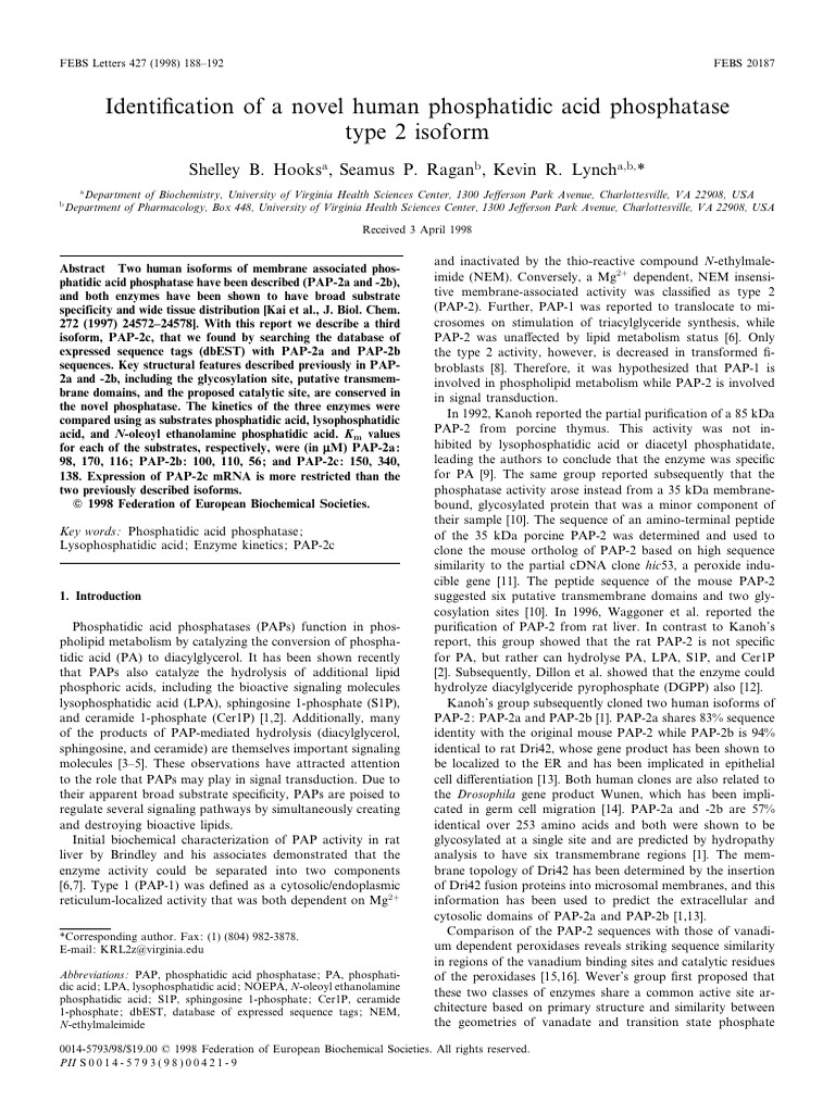 Identification of A Novel Human Phosphatidic Acid Phosphatase Type 2 Isoform | PDF ...