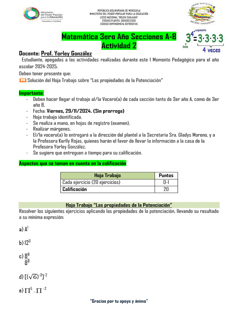 Actividad 2 Matematica 3ero A-B Yorley Gonzalez | PDF