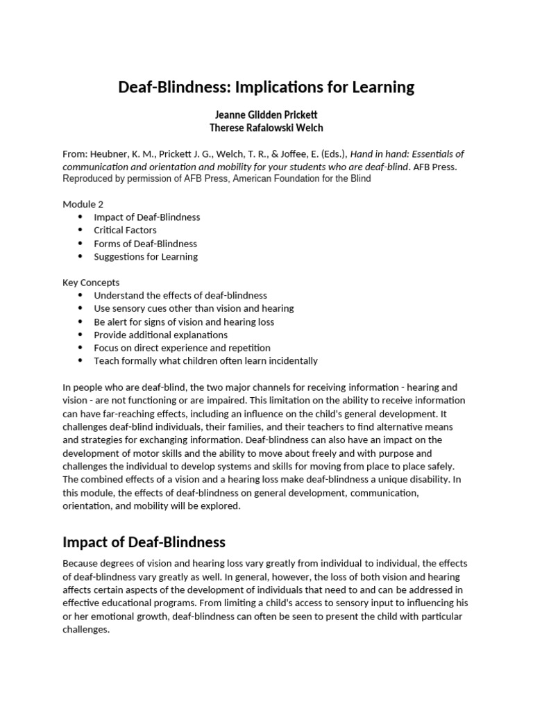 Deaf-Blindness Implications Learning Hand-in-Hand A | PDF | Senses ...