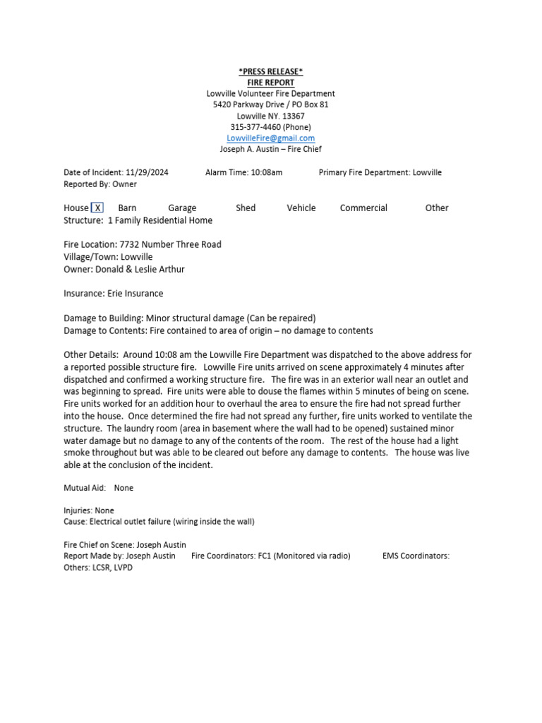 Lowville Fire Report: Minor Damage on Number 3 Road | PDF