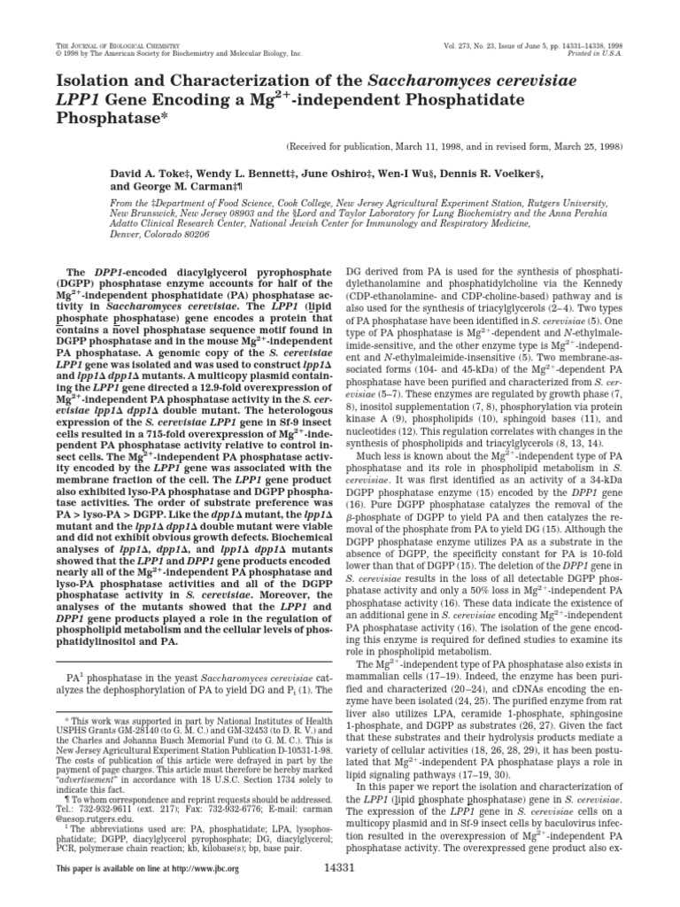 Isolation and Characterization of The Saccharomyces Cerevisiae LPP1 Gene Encoding A Mg2 ...