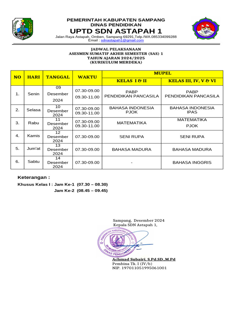 JADWAL SAS 1 Tapel 2024-2025 | PDF