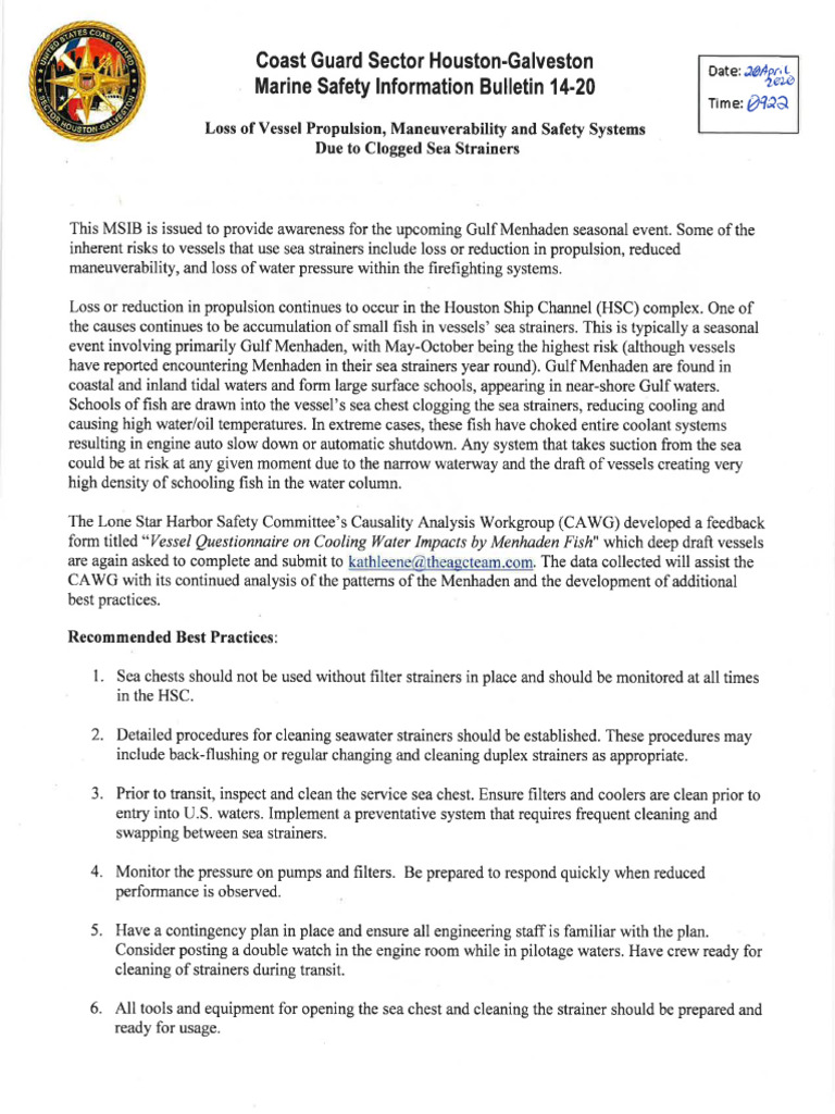 USCG Propulsion Loss Clogged Sea Strainers 2020 06 | PDF