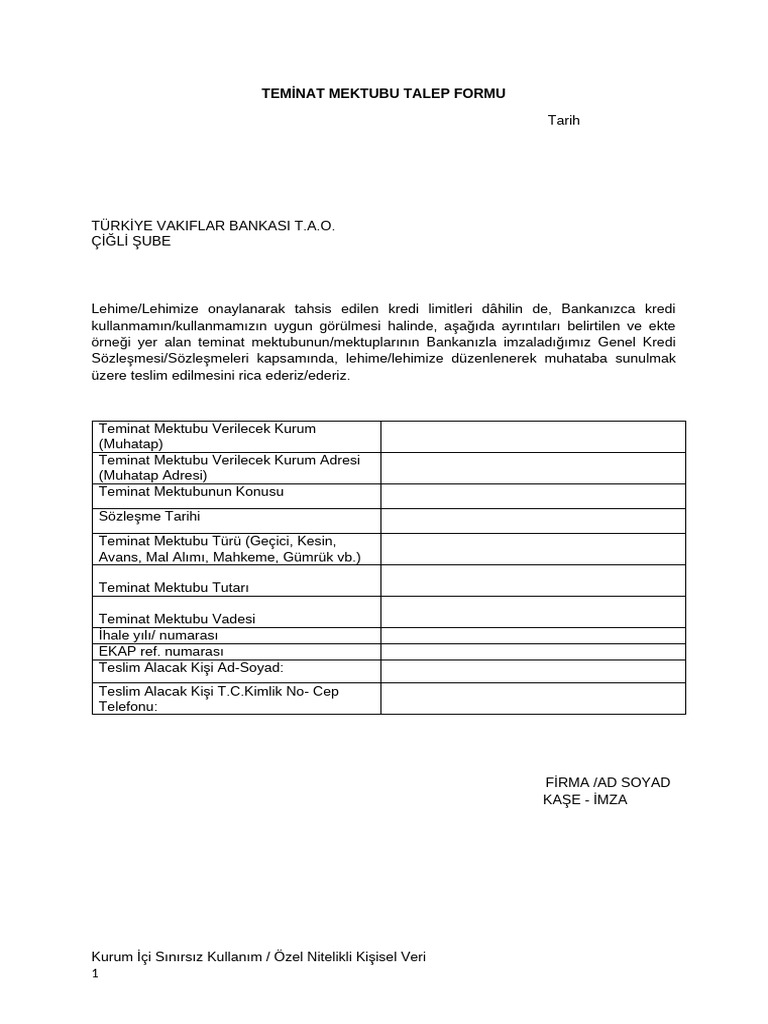 Temi̇nat Mektubu Talep Formu Yeni | PDF
