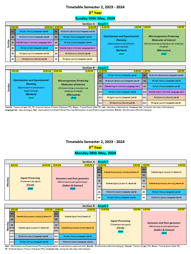 3rd-Year Timetable - S2 - 2023-2024 - Last Weeks | PDF | Biotechnology