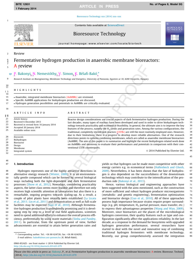 Bioresource Technology: Bakonyi Nemestóthy Simon Bélafi-Bakó | PDF | Membrane | Chemistry