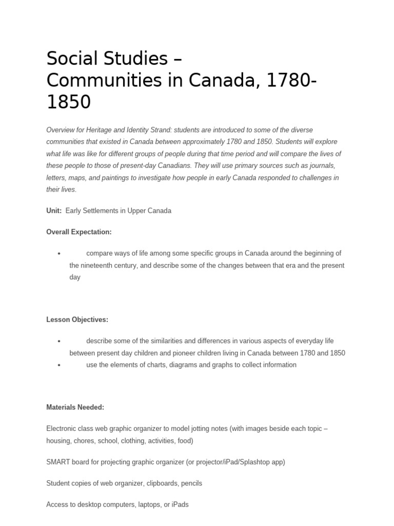 Social Studies - Communities in Canada, 1780-1850: Unit: Overall ...
