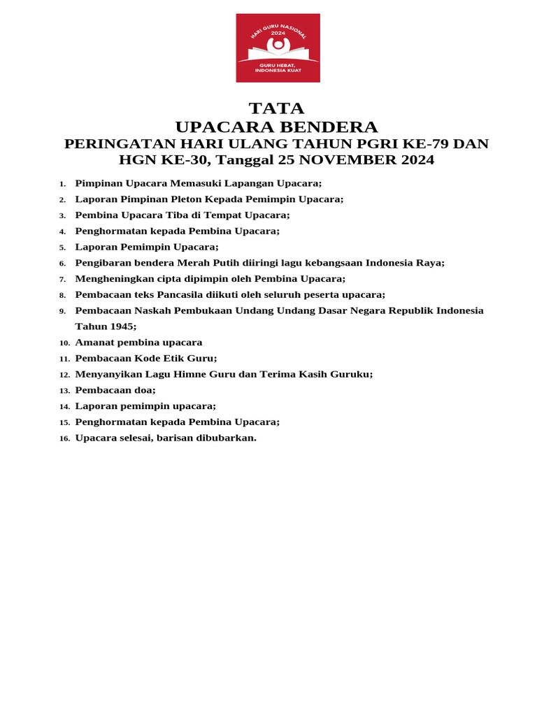 Tata Upacara Bendera - Hgn-Pgri Tahun 2024 | PDF