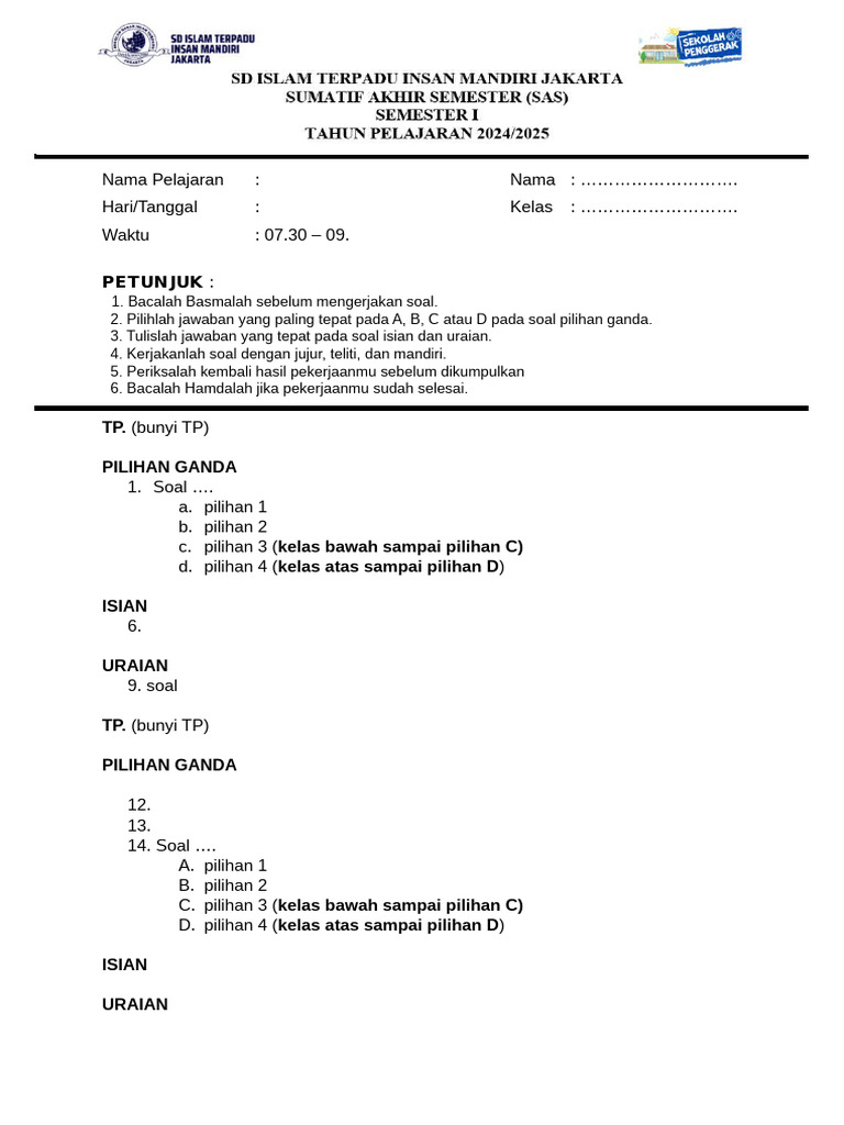FORMAT LEMBAR SOAL SAS 2024 Fix | PDF