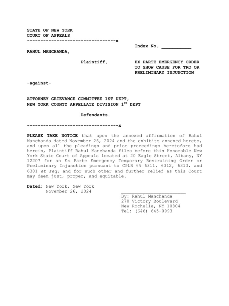 Ex Parte Emergency Order To Show Cause For A TRO or Preliminary ...