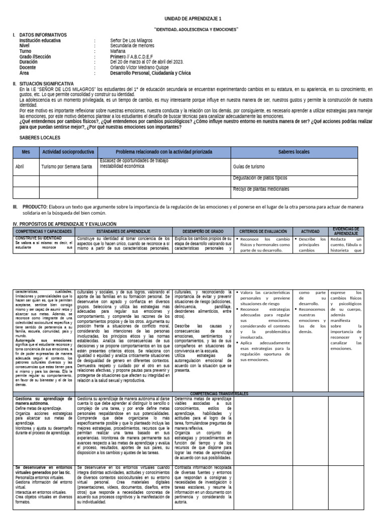 Unidad de Aprendizaje 1 DPCC - 1° 2023 | PDF | Aprendizaje | Las emociones