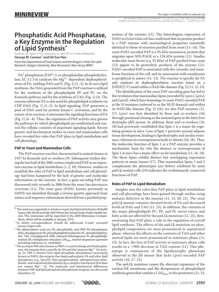 Phosphatidic Acid Phosphatase, A Key Enzyme in The Regulation of Lipid ...