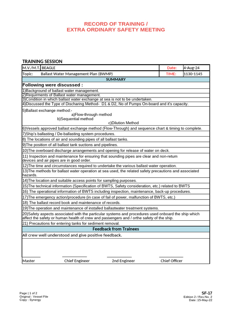 Ballast Water Management Plan | PDF | Shipping