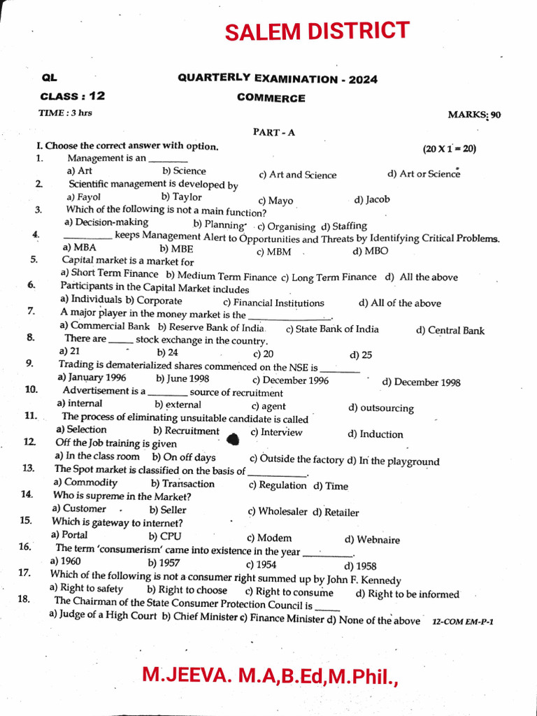 12th Commerce Quarterly Exam 2024 Original Question Paper Salem ...