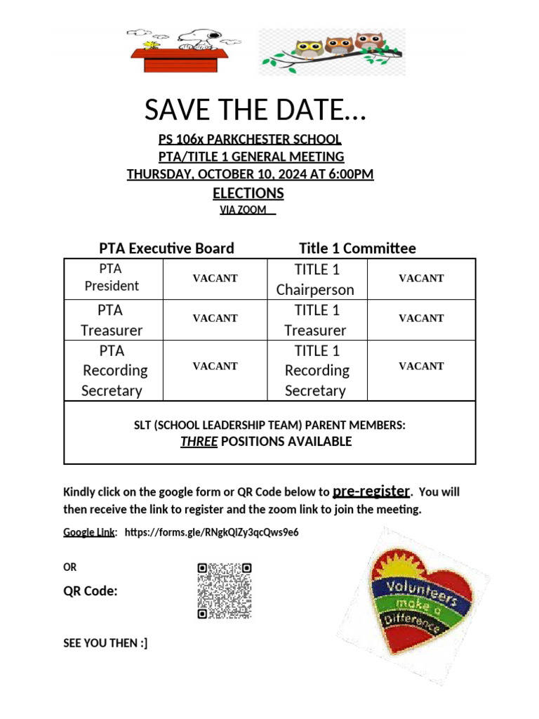 Save The Date : Elections PTA Executive Board Title 1 Committee | PDF