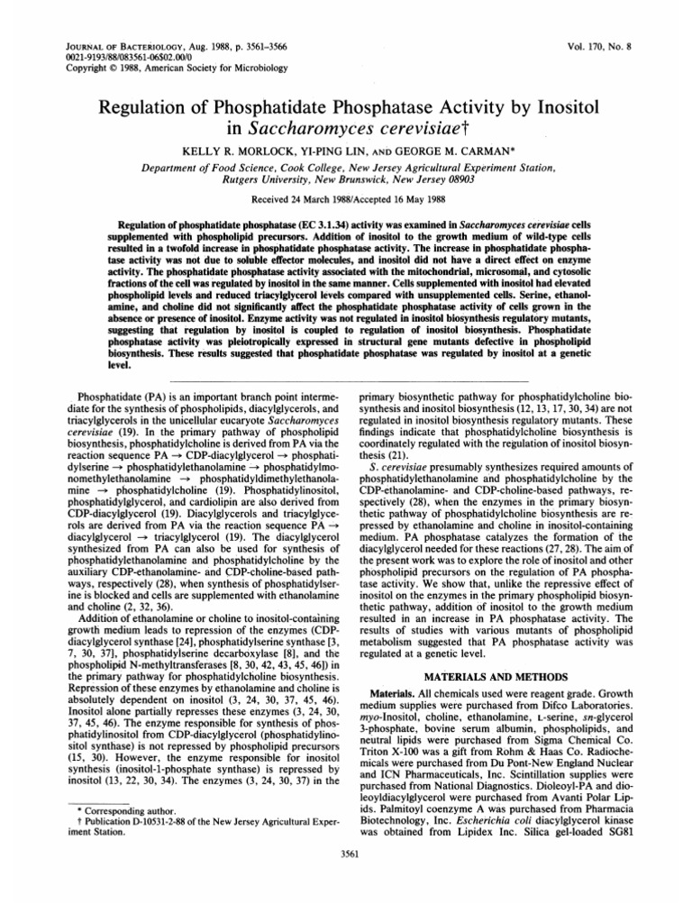 Regulation of Phosphatidate Phosphatase Activity by Inositol in ...