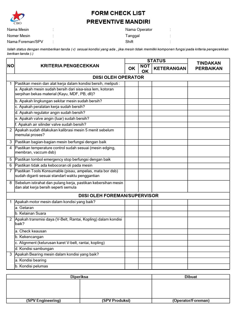 Form Checklist Preventive Maintenance (Mandiri) - 1 | PDF