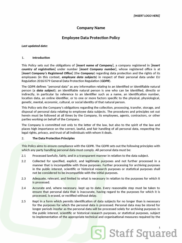 Employee Data Protection Policy GDPR Compatible | PDF | Password ...