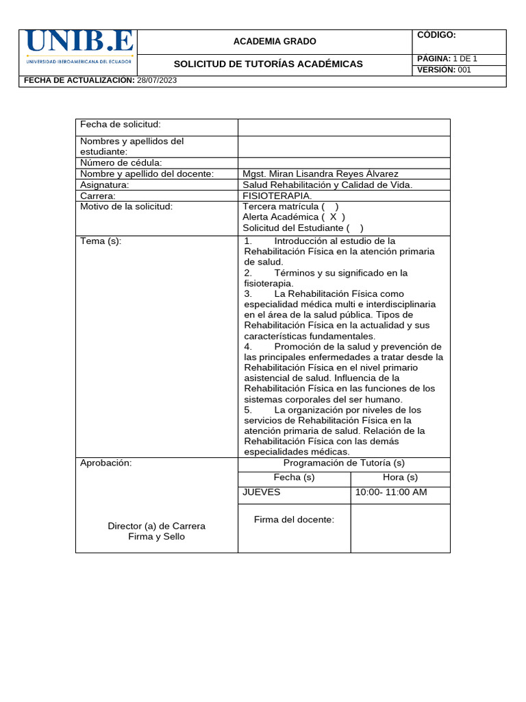 B Solicitud de Tutorias Academicas 2024-2025 | PDF | Terapia física ...