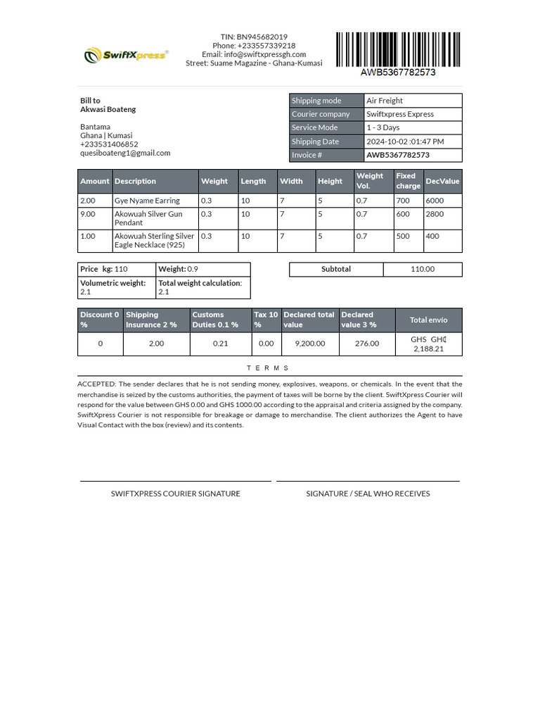 Print Invoice - AWB5367782573 | PDF
