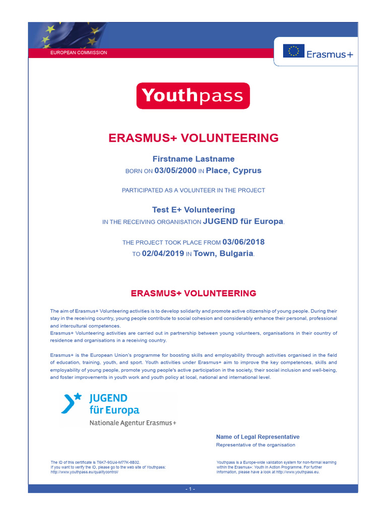 Website Example Certificate ErasmusPlus Volunteering | PDF