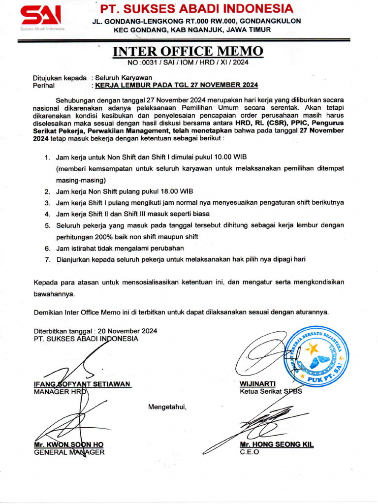 Iom Kerja Lembur 27 November | PDF