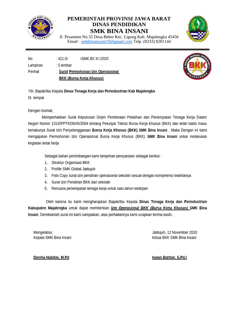 Surat Permohonan Izin Operasional BKK Ke Dinas | PDF