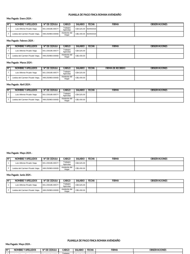 Planilla de Pago Finca Roman Avendaño | PDF