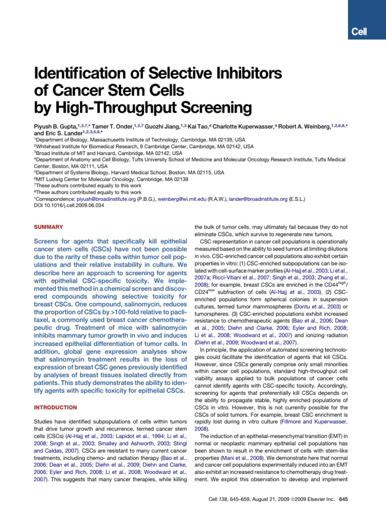 Identification of Selective Inhibitors of Cancer Stem Cells by High-Throughput Screening | PDF ...