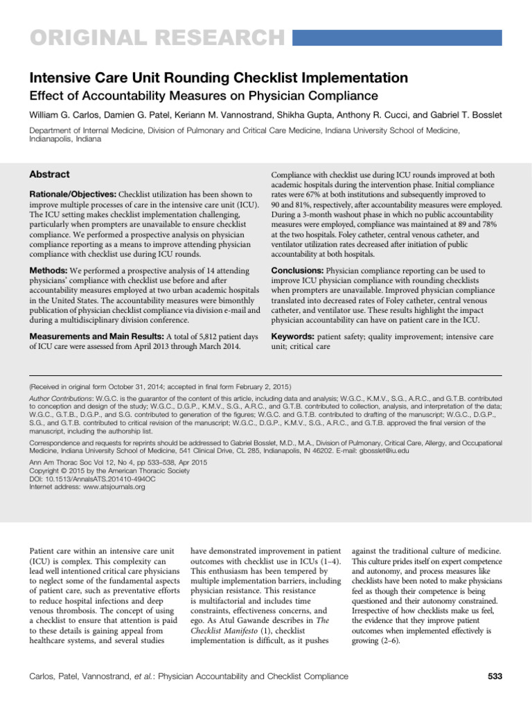 Carlos Et Al 2015 Intensive Care Unit Rounding Checklist Implementation ...