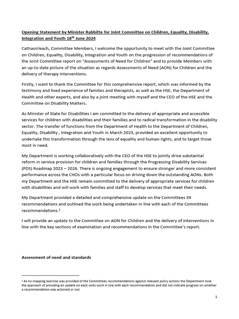 The Joint Committee Report On "Assessments of Need For Children" and To ...