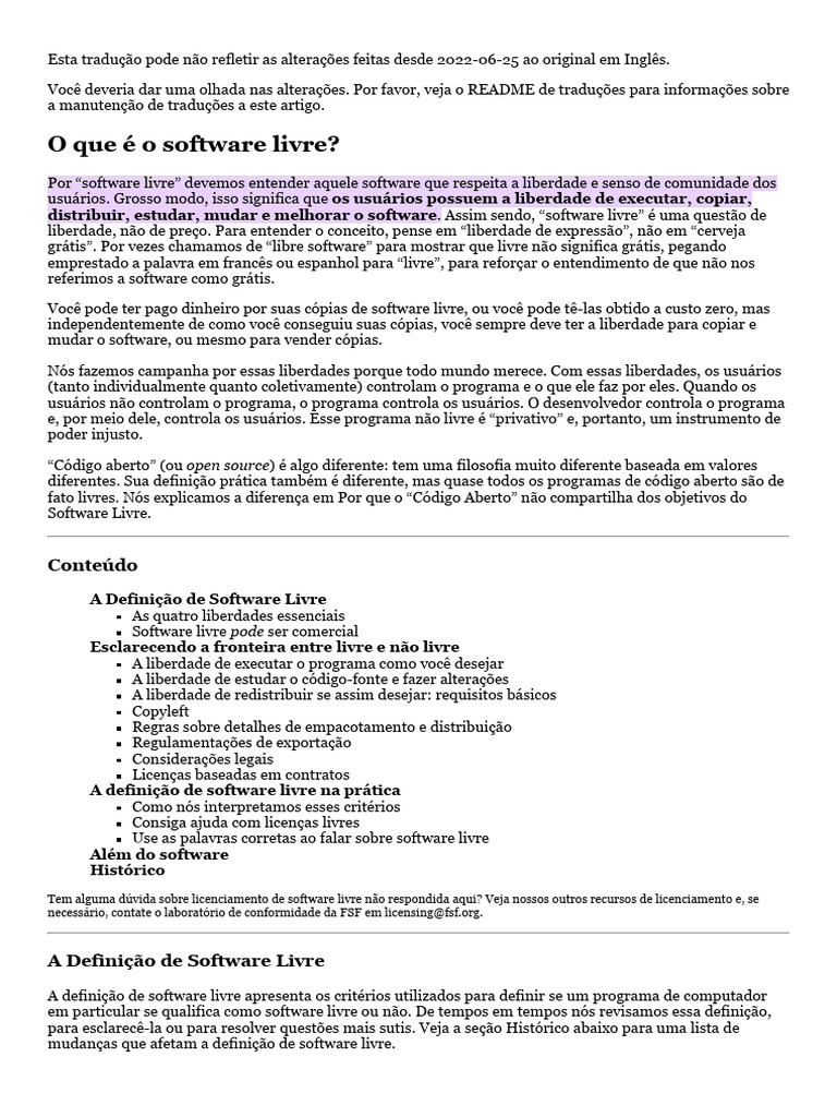 O Que É o Software Livre - Projeto GNU - Free Software Foundation | PDF | Software gratuito ...