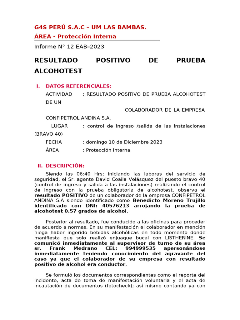 Informe 12 Alcohol Positivo | PDF