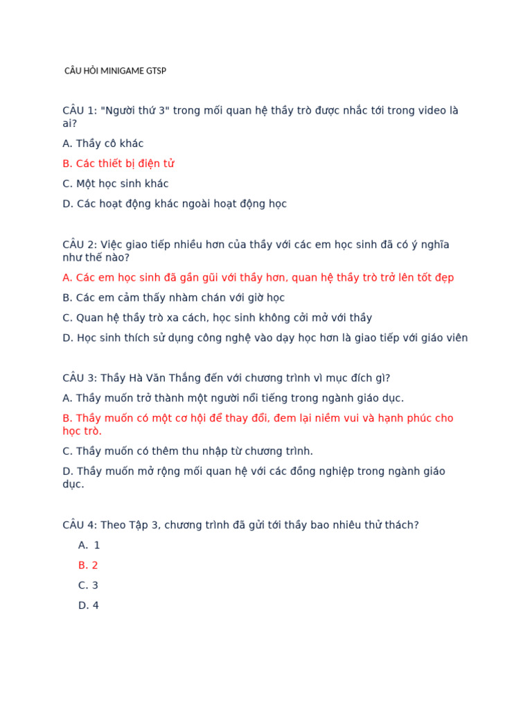 CÂU HỎI MINIGAME GTSP | PDF