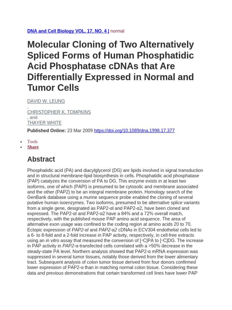 DNA and Cell Biology VOL. 17, NO. 4 Normal | PDF