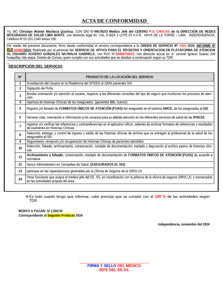 Actas e Informe Plataf. de Atencion Octubre 2024 - Informe 10 Gaby | PDF | Historial médico ...