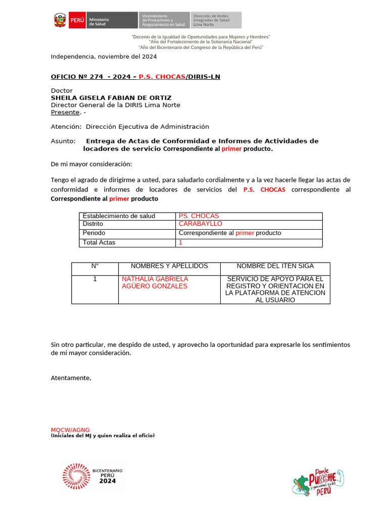 Oficio Acta 1er Producto | PDF