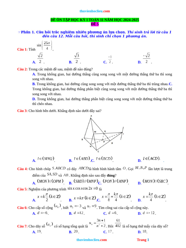 De On Tap HK1 Toan 11 KNTT de 5 | PDF