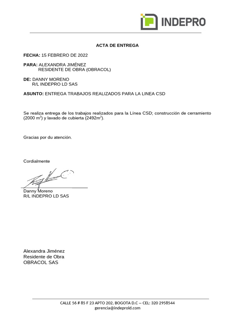 Acta de Entrega Trabajos Linea CSD | PDF