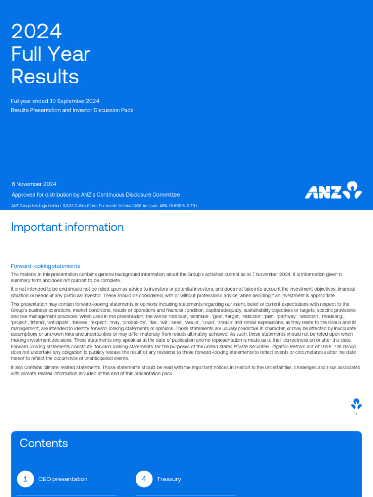 ANZ 2024 Full Year Results Overview | PDF | Banks | Revenue