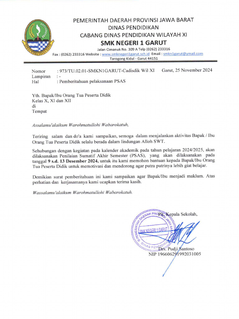 Surat Pemberitahuan PSAS - Orang Tua Peserta Didik | PDF