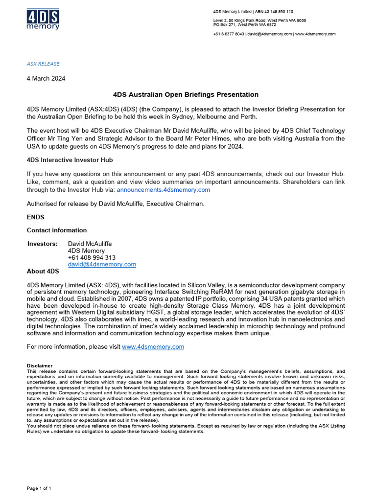 4DS Australian Open Briefings Presentation | PDF | Computer Memory ...