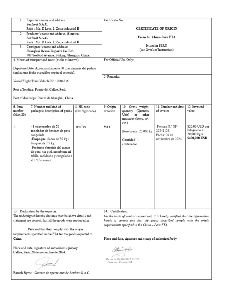 Certificado de Peru A China | PDF