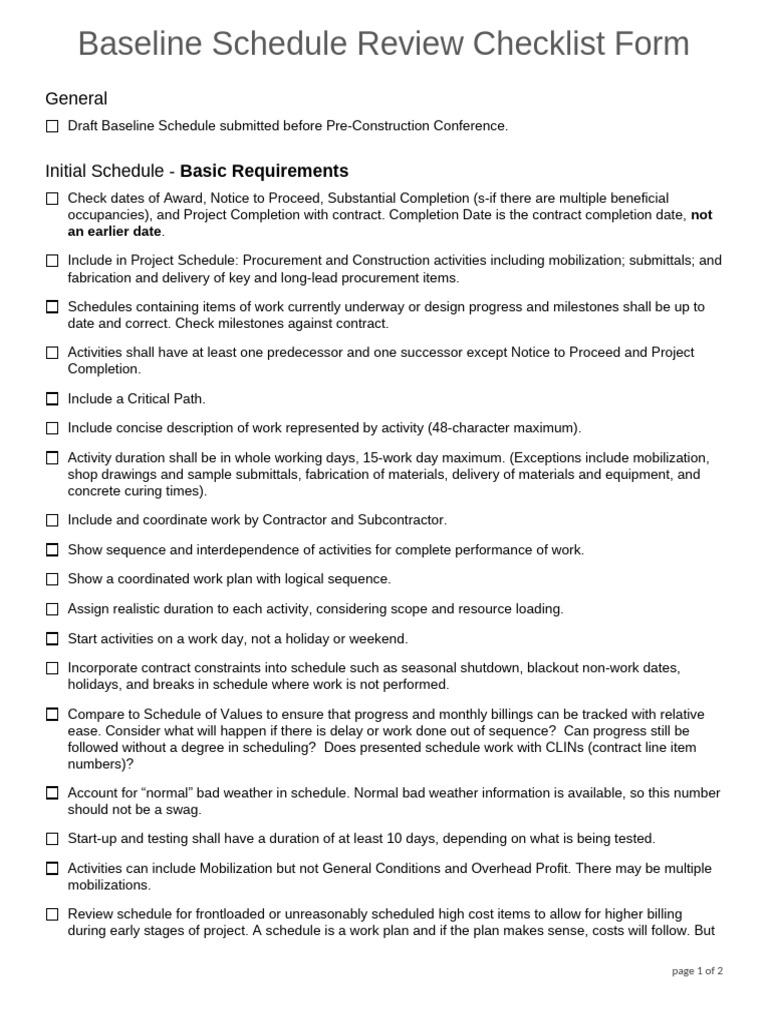 Baseline Schedule Review Checklist | PDF