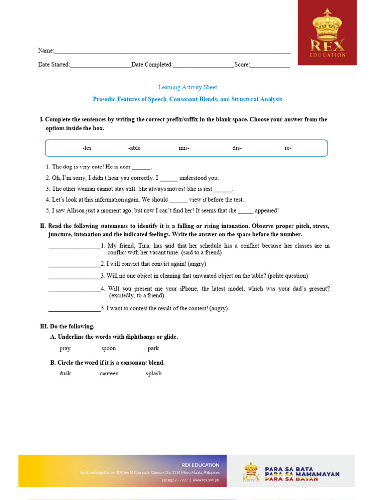 Prosodic Features & Word Structure Activity | PDF