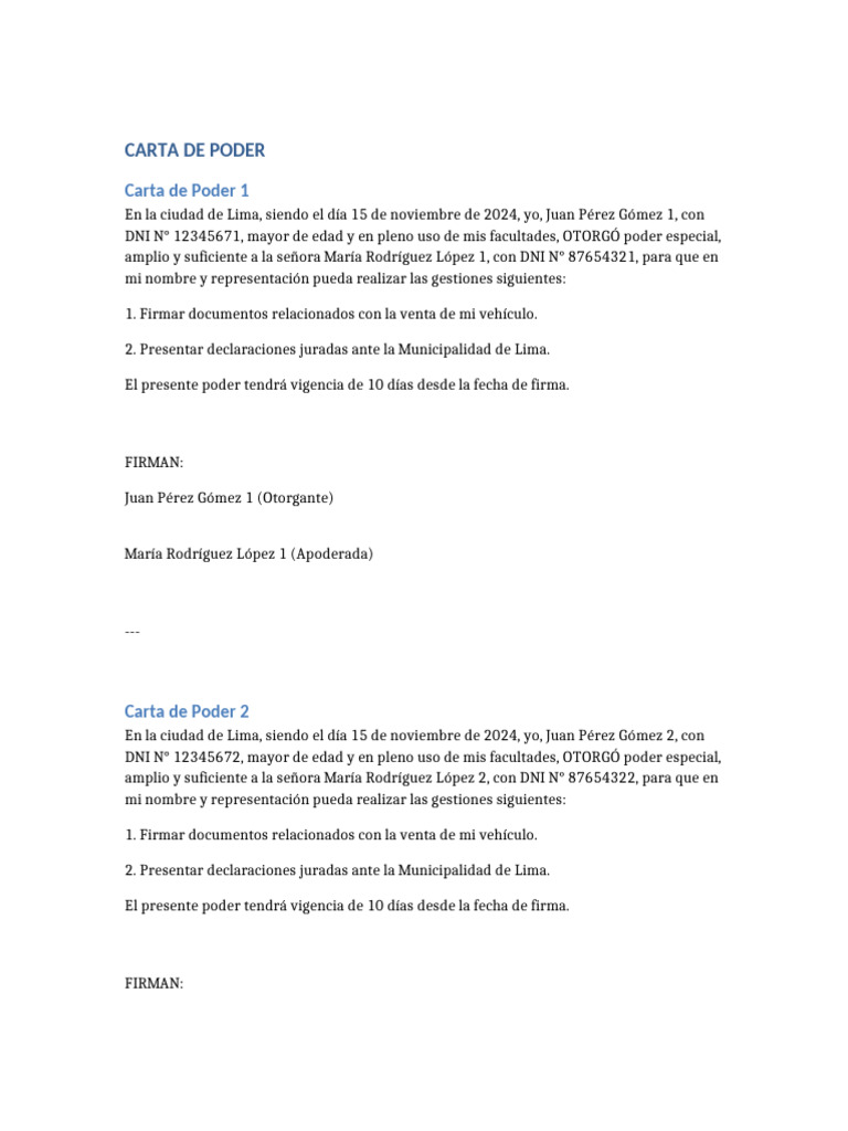 Cartas de Poder para Gestiones en Lima | PDF | Documento de identidad ...