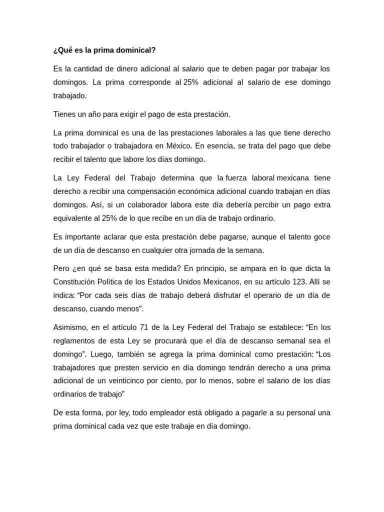 Cálculo y Concepto de Prima Dominical | PDF | Salario | Derecho laboral